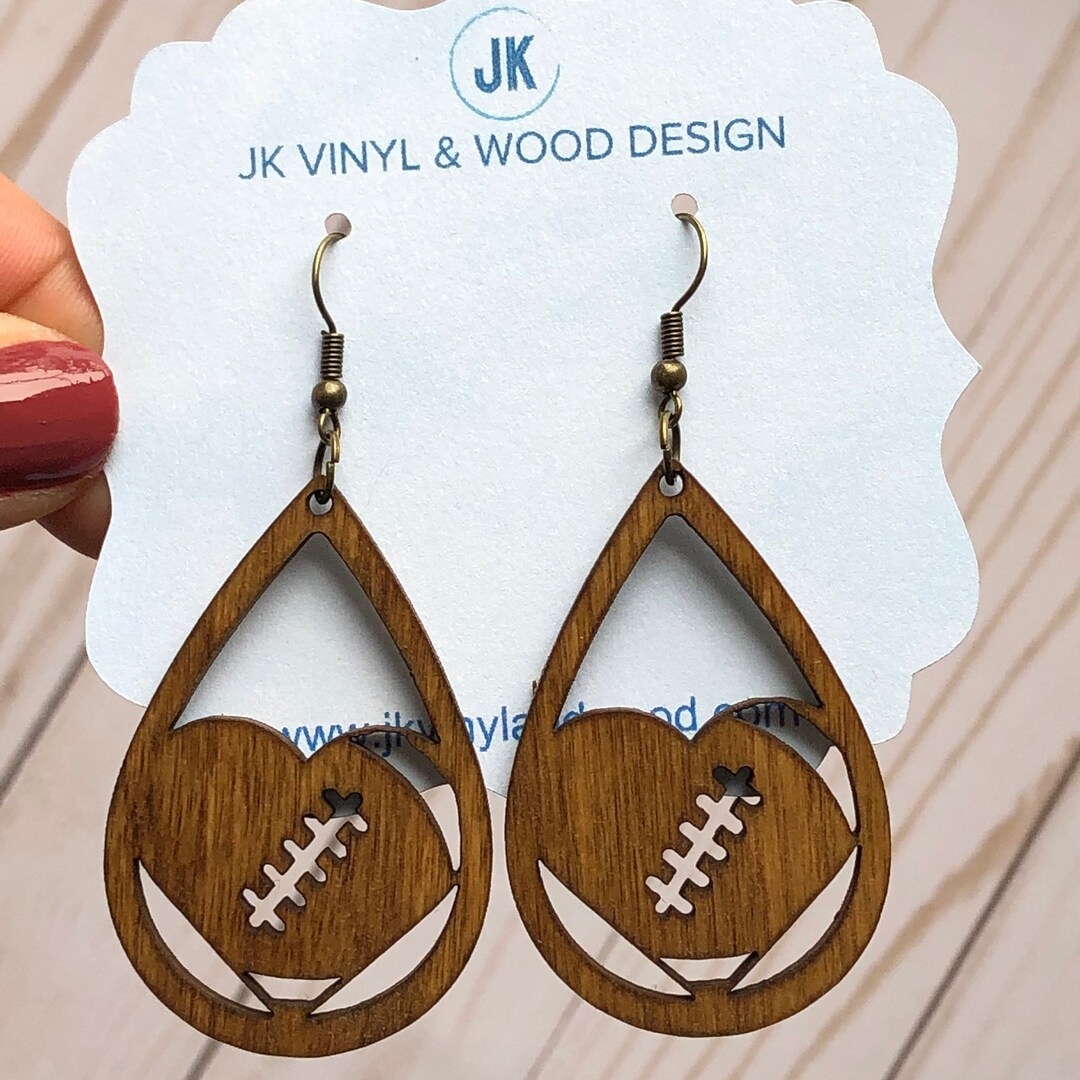 Football Heart Earrings, Wooden Earrings, Lightweight Earring, Teardrop ...