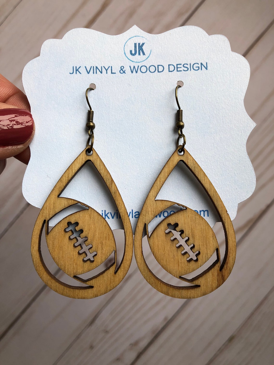 Football Heart Earrings, Wooden Earrings, Lightweight Earring, Teardrop ...