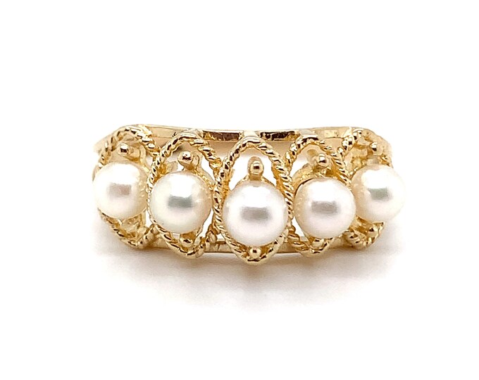Vintage Estate 10k Yellow Gold Five Pearl Ring Size 9 Cultured Pearl ...