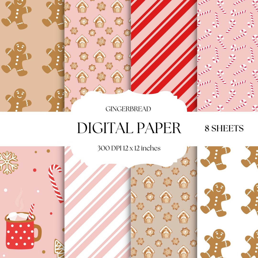 Gingerbread Digital Paper, Candy Cane Patterns, Pink and Red Christmas ...