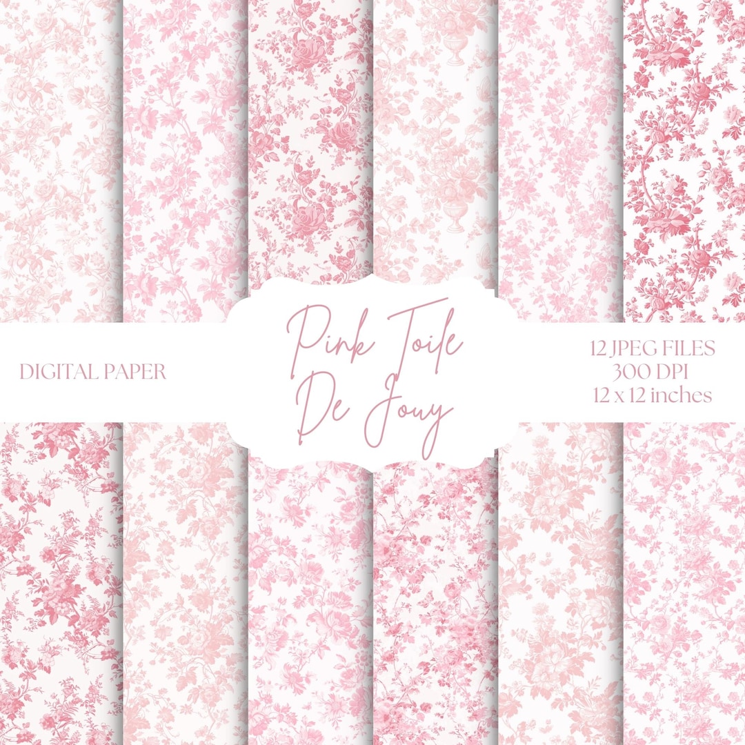 Pink Toile De Jouy Digital Paper, Spring Floral Backgrounds, Pink and ...
