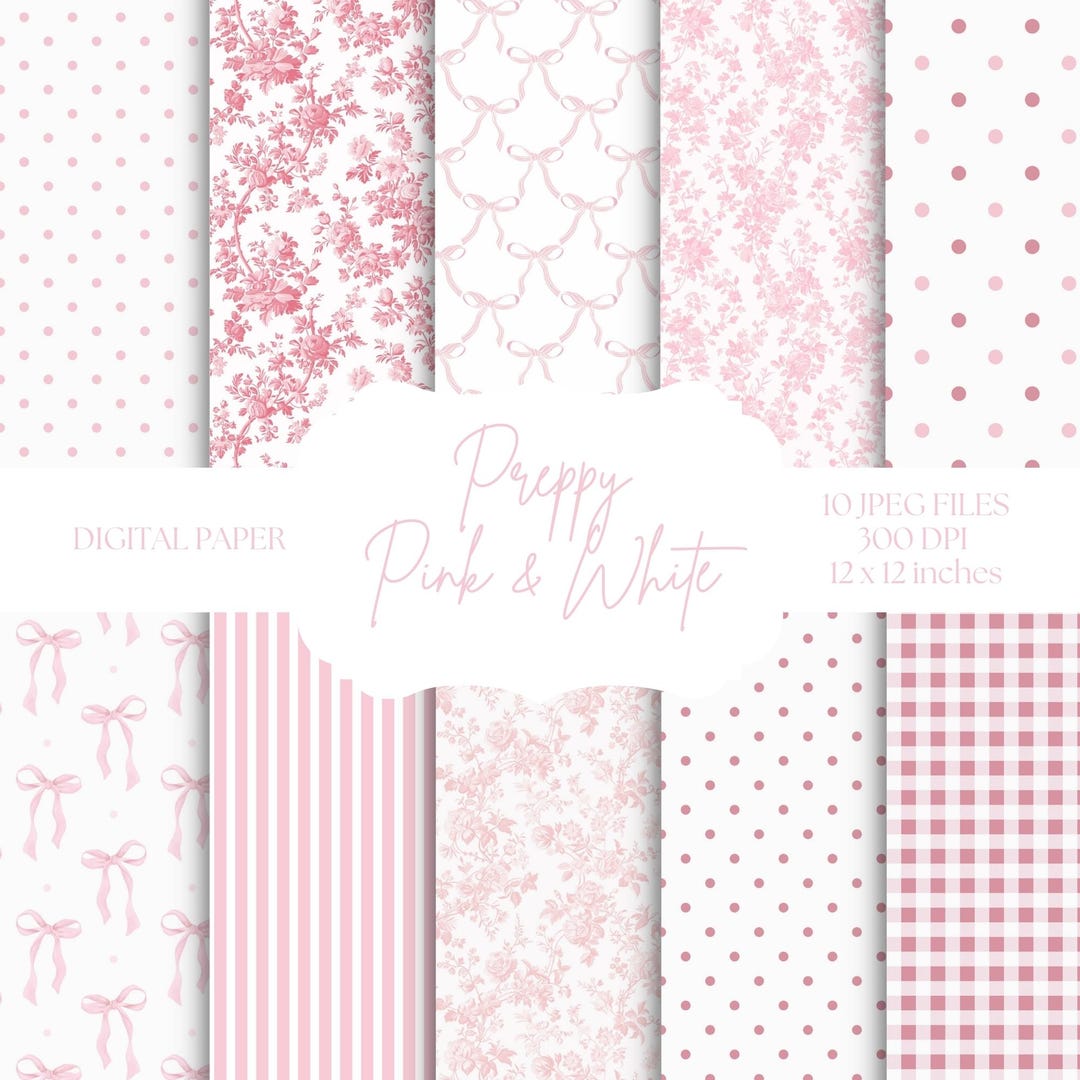 Pink Digital Paper, Preppy Backgrounds for Scrapbooking & Crafts, Bows ...