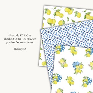 Yellow Lemon Digital Paper, Blue Tile Digital Paper, Mediterranean ...