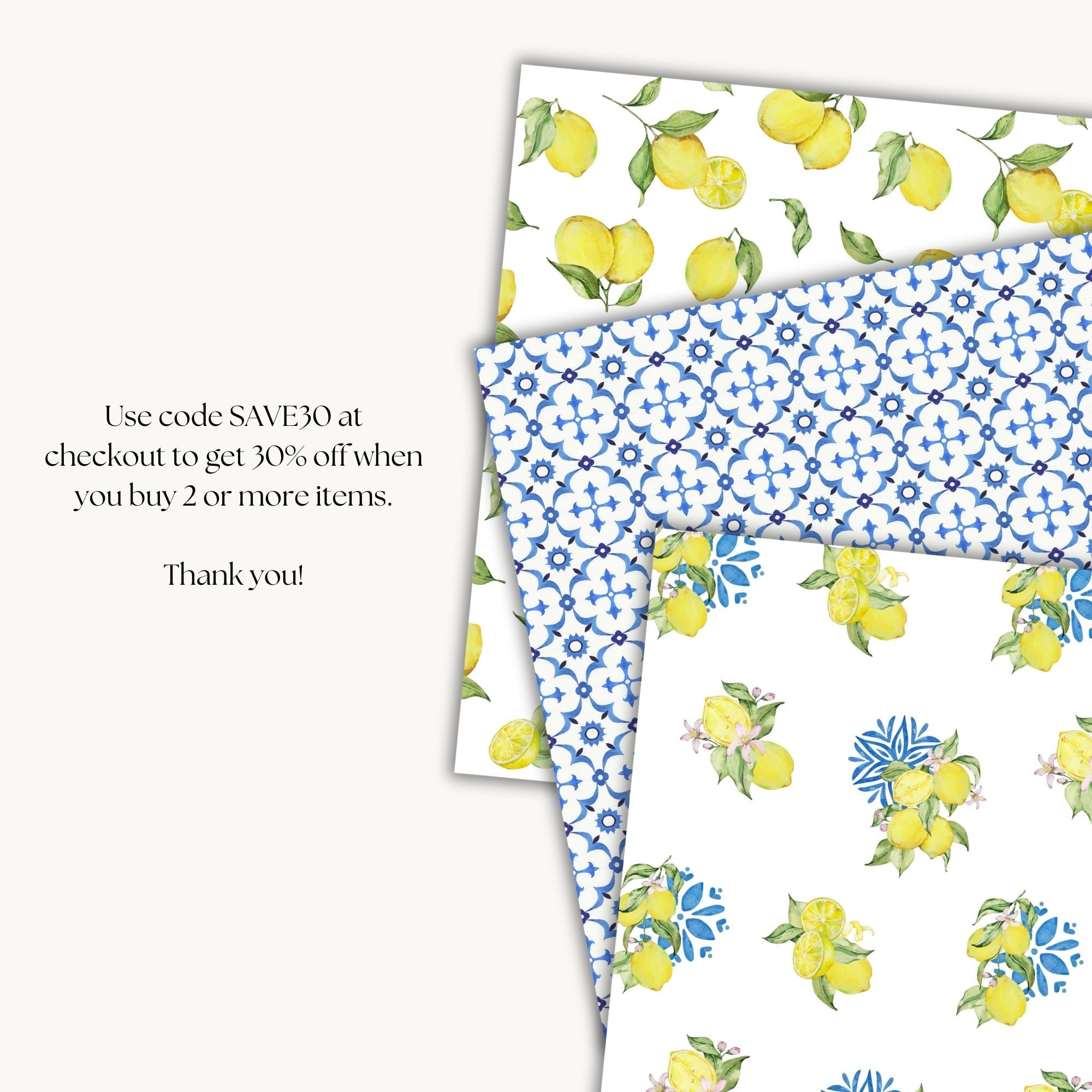 Yellow Lemon Digital Paper, Blue Tile Digital Paper, Mediterranean ...