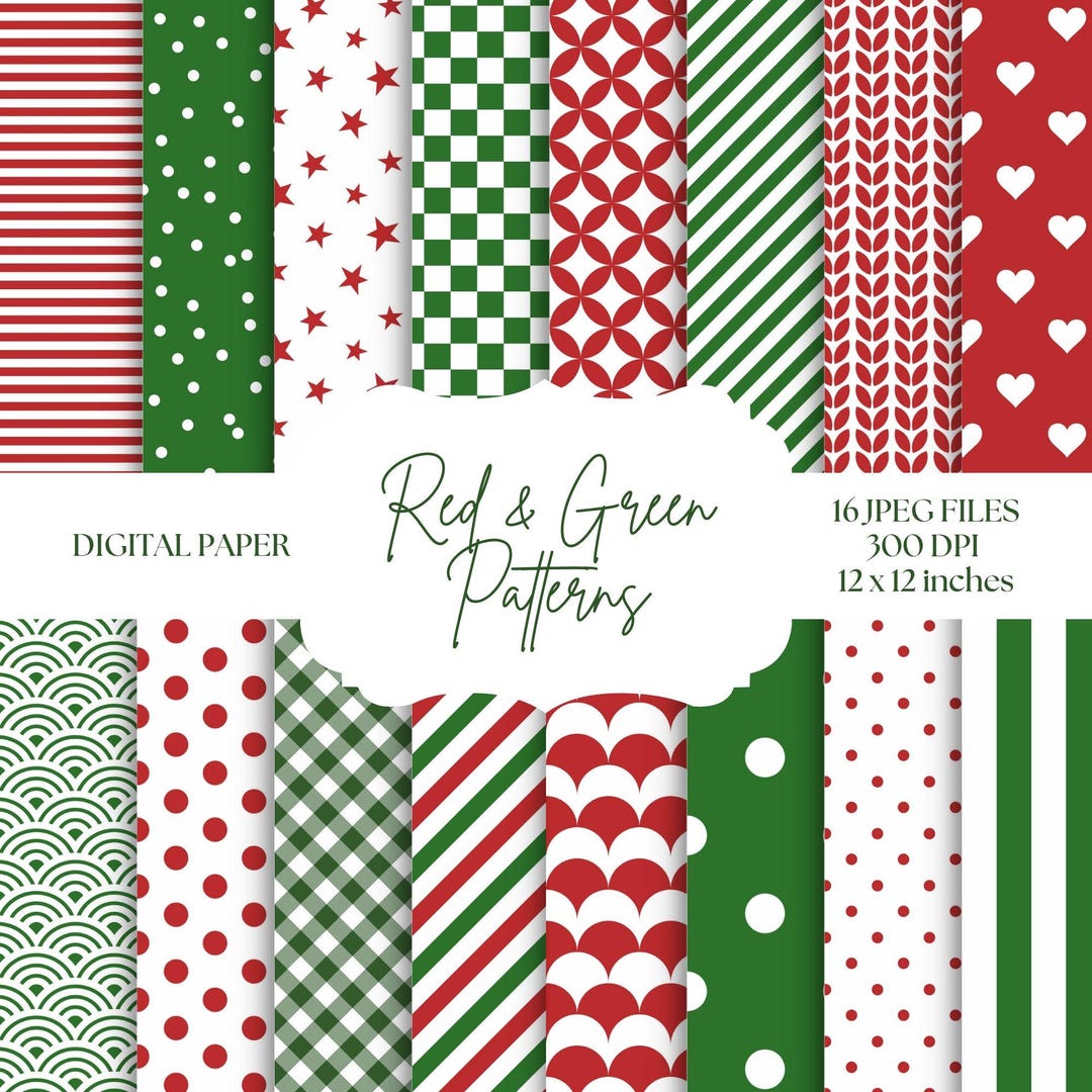 Red & Green Digital Paper, Christmas Backgrounds, Seamless Patterns ...