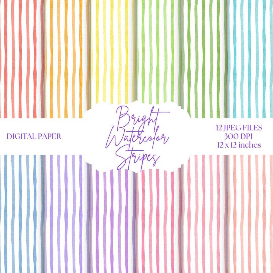 Watercolor Stripes Digital Paper, Vertical Stripe Patterns, Bright ...