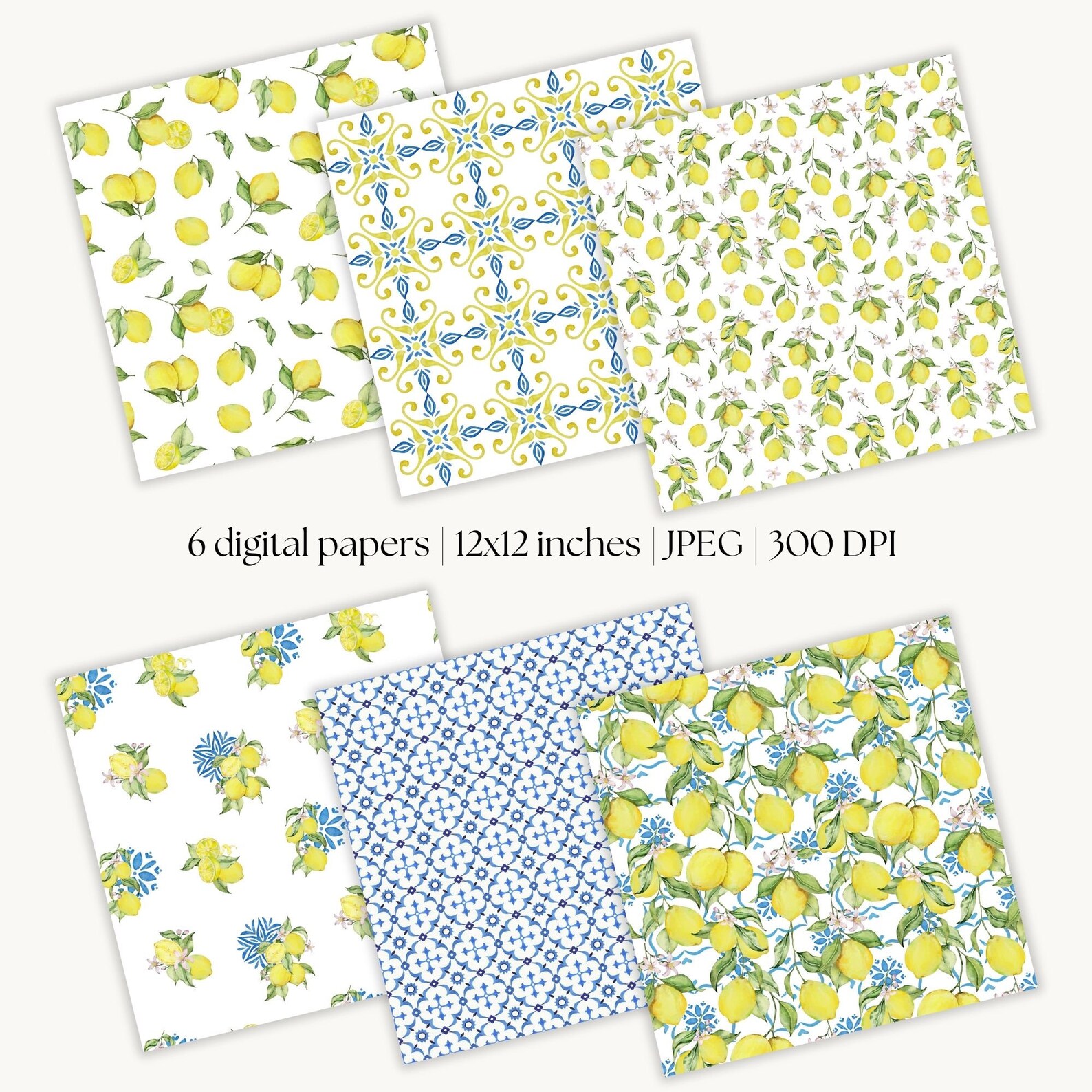 Yellow Lemon Digital Paper, Blue Tile Digital Paper, Mediterranean ...
