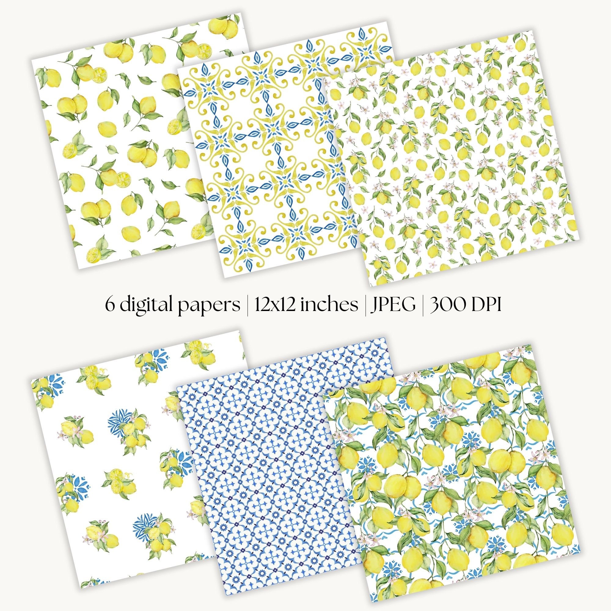Yellow Lemon Digital Paper, Blue Tile Digital Paper, Mediterranean ...