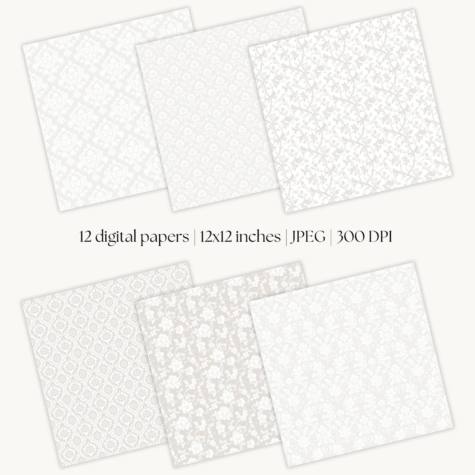 White Damask Digital Paper, Neutral Backgrounds, Seamless Patterns ...