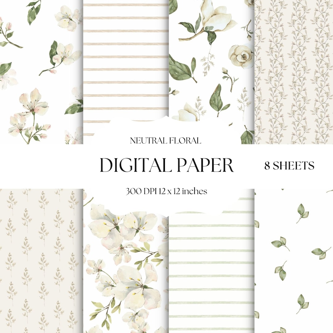 Neutral Floral Digital Paper, White Seamless Patterns, Watercolor ...