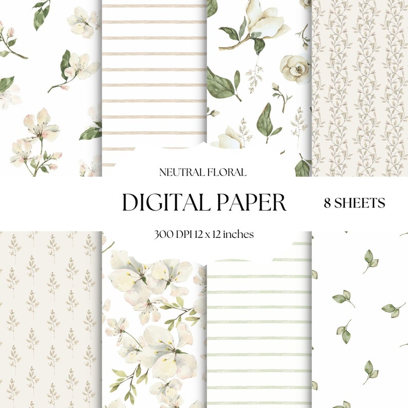 Neutral Floral Digital Paper, White Seamless Patterns, Watercolor ...