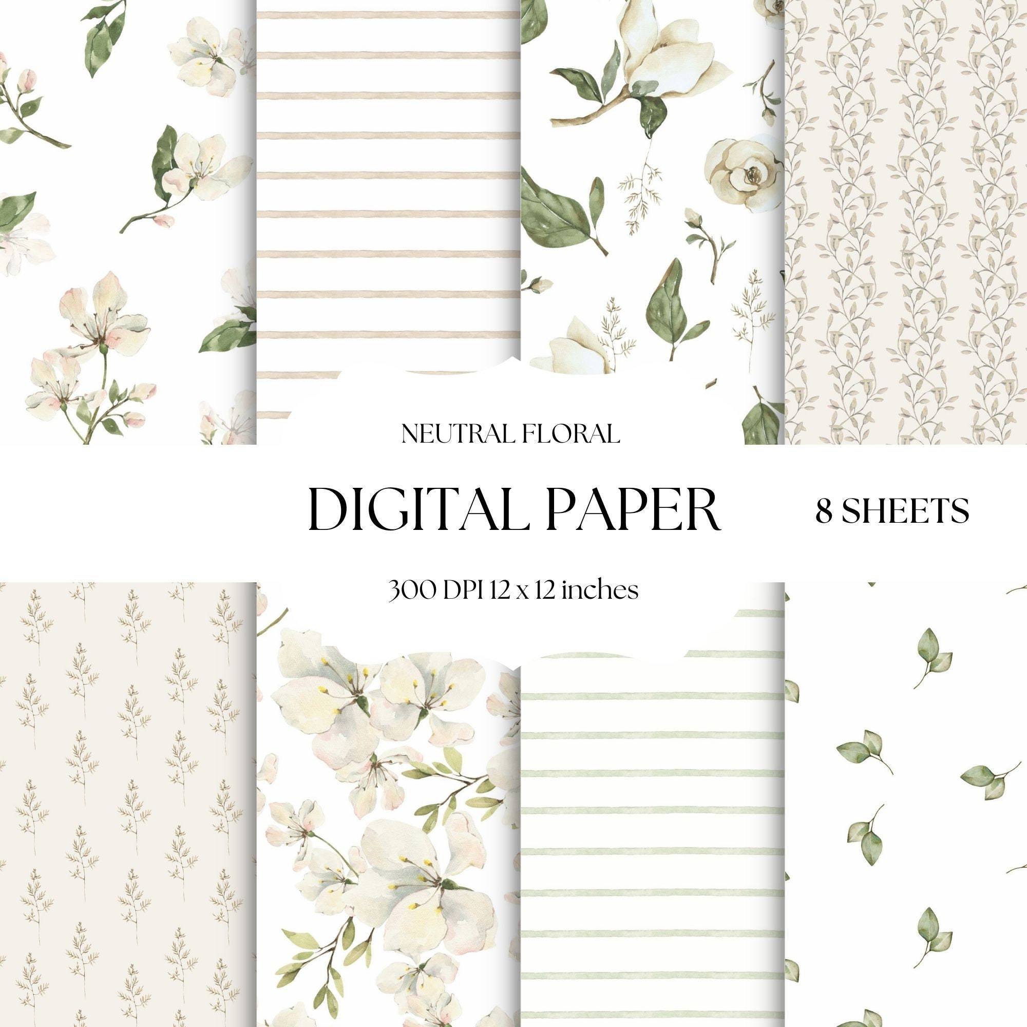 Neutral Floral Digital Paper, White Seamless Patterns, Watercolor ...