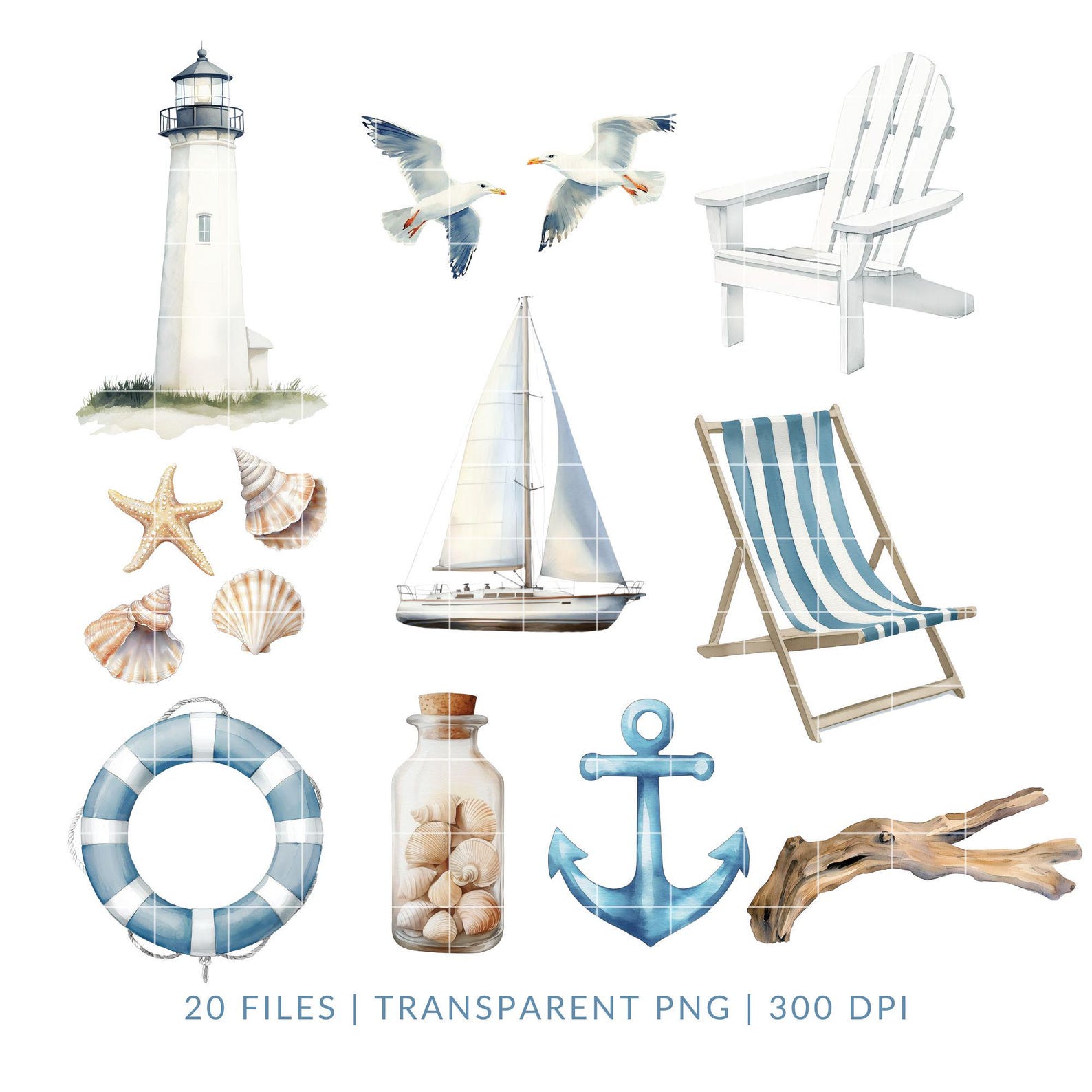 Watercolor Summer Clipart, Beach PNG, Coastal Vacation, Blue Digital ...