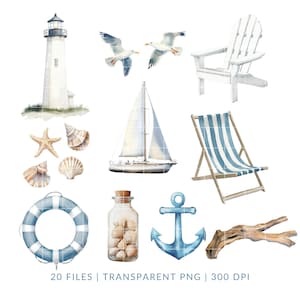 Watercolor Summer Clipart, Beach PNG, Coastal Vacation, Blue Digital ...