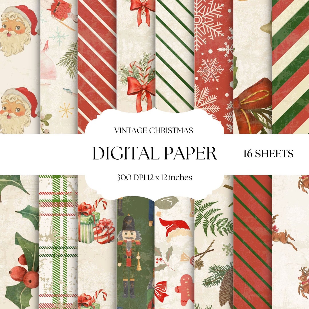 Vintage Christmas Digital Paper, Red and Green Scrapbook Paper Set ...