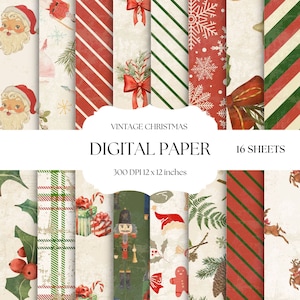 Vintage Christmas Digital Paper, Red and Green Scrapbook Paper Set ...