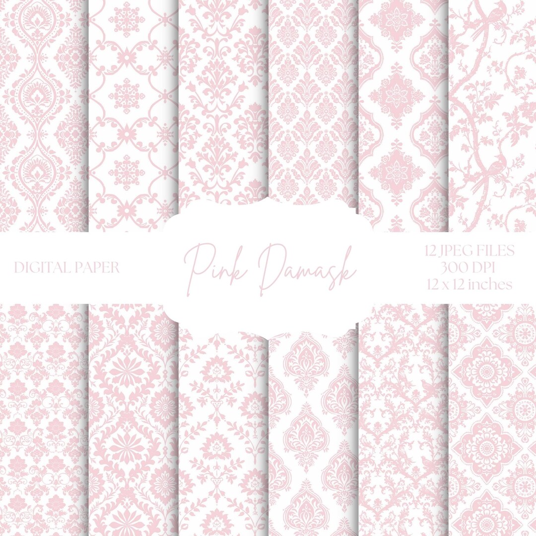 Pink Damask Digital Paper, Light Pink and White Backgrounds, Vintage ...