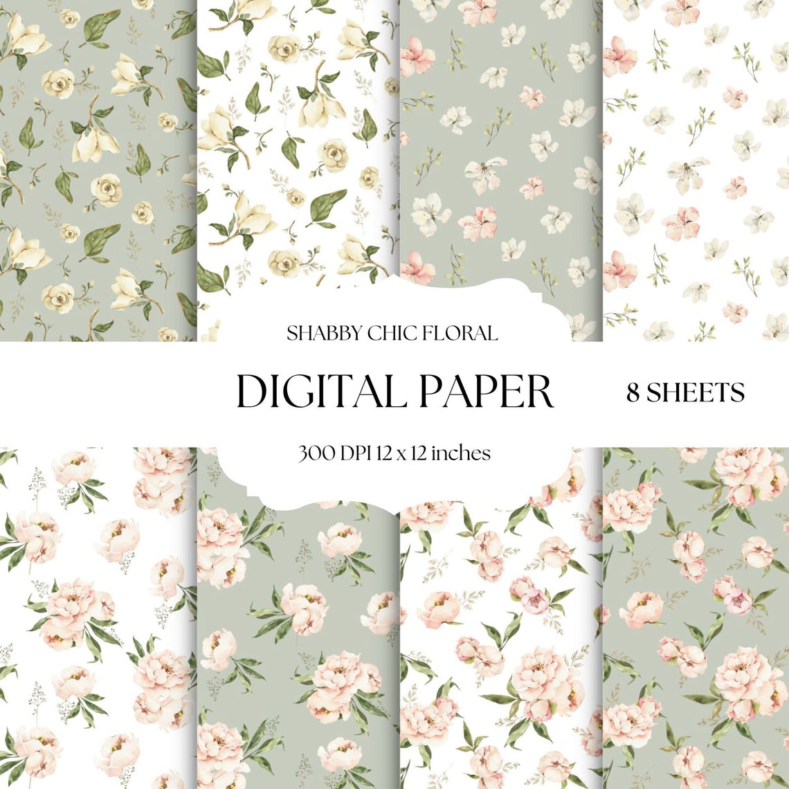 Shabby Chic Floral Digital Paper, Green and White Flower Patterns, Sage ...