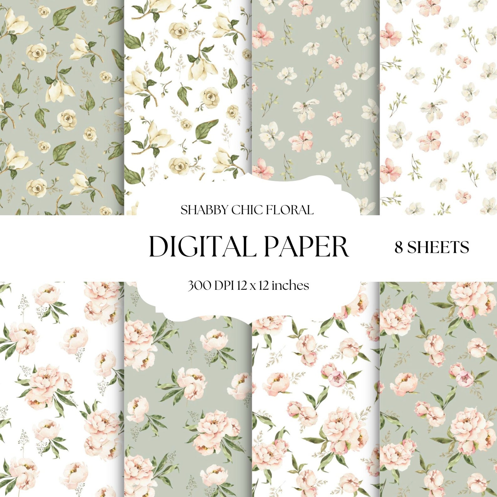 Shabby Chic Floral Digital Paper, Green and White Flower Patterns, Sage ...