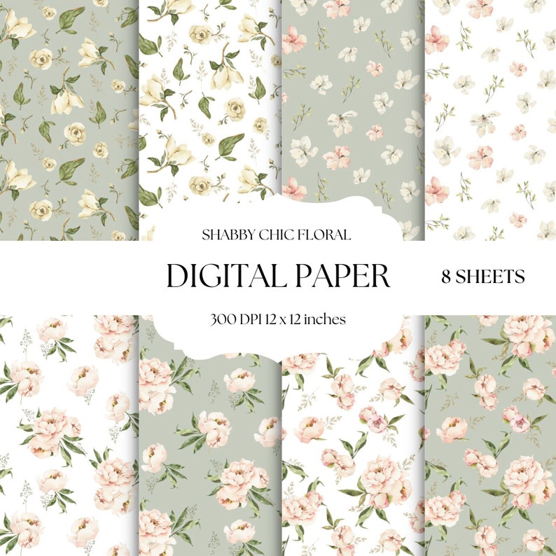 Shabby Chic Floral Digital Paper, Green and White Flower Patterns, Sage ...