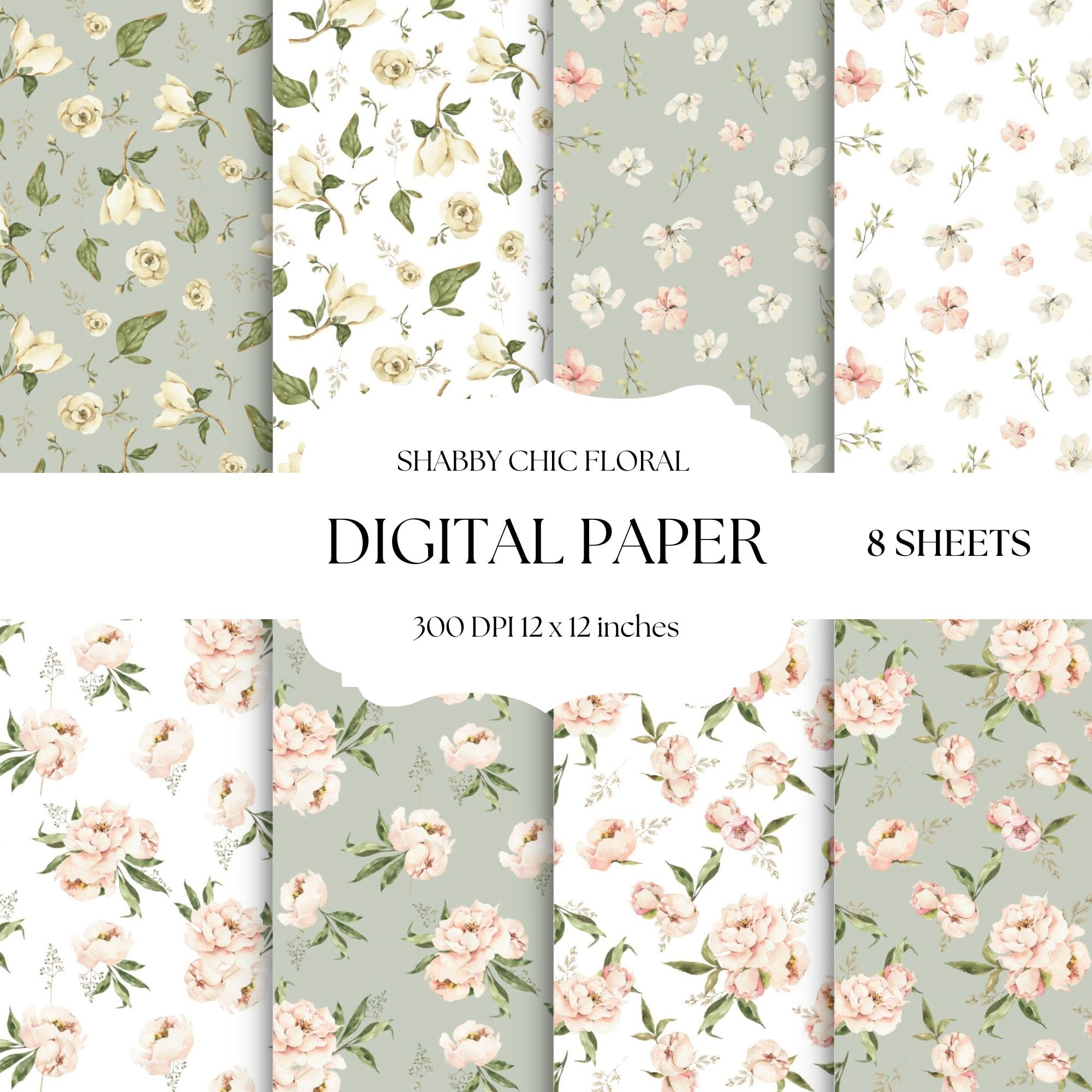 Shabby Chic Floral Digital Paper, Green and White Flower Patterns, Sage ...