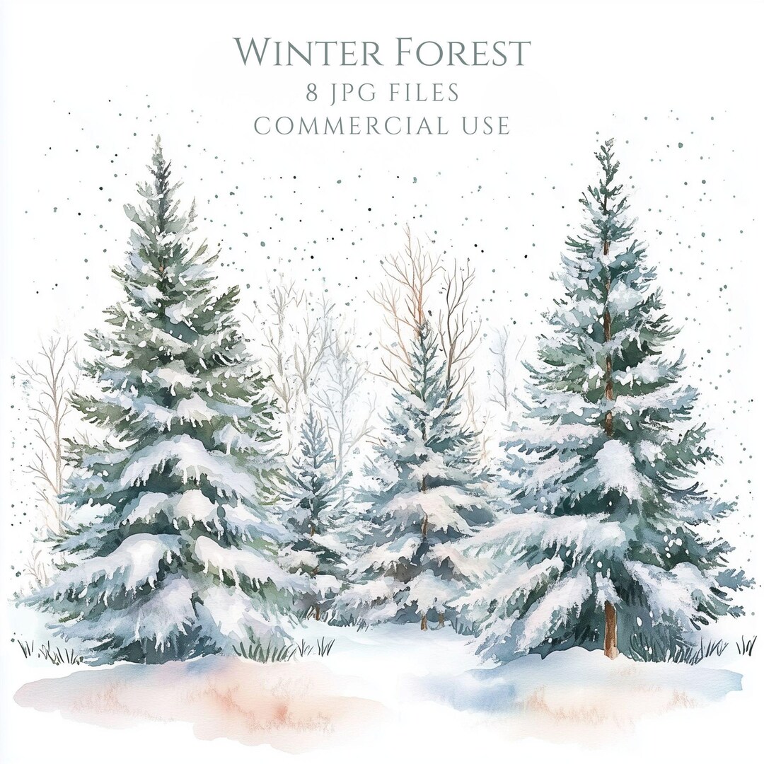 Winter Trees Clipart, Watercolor Snow Forest, Snowy Landscape ...