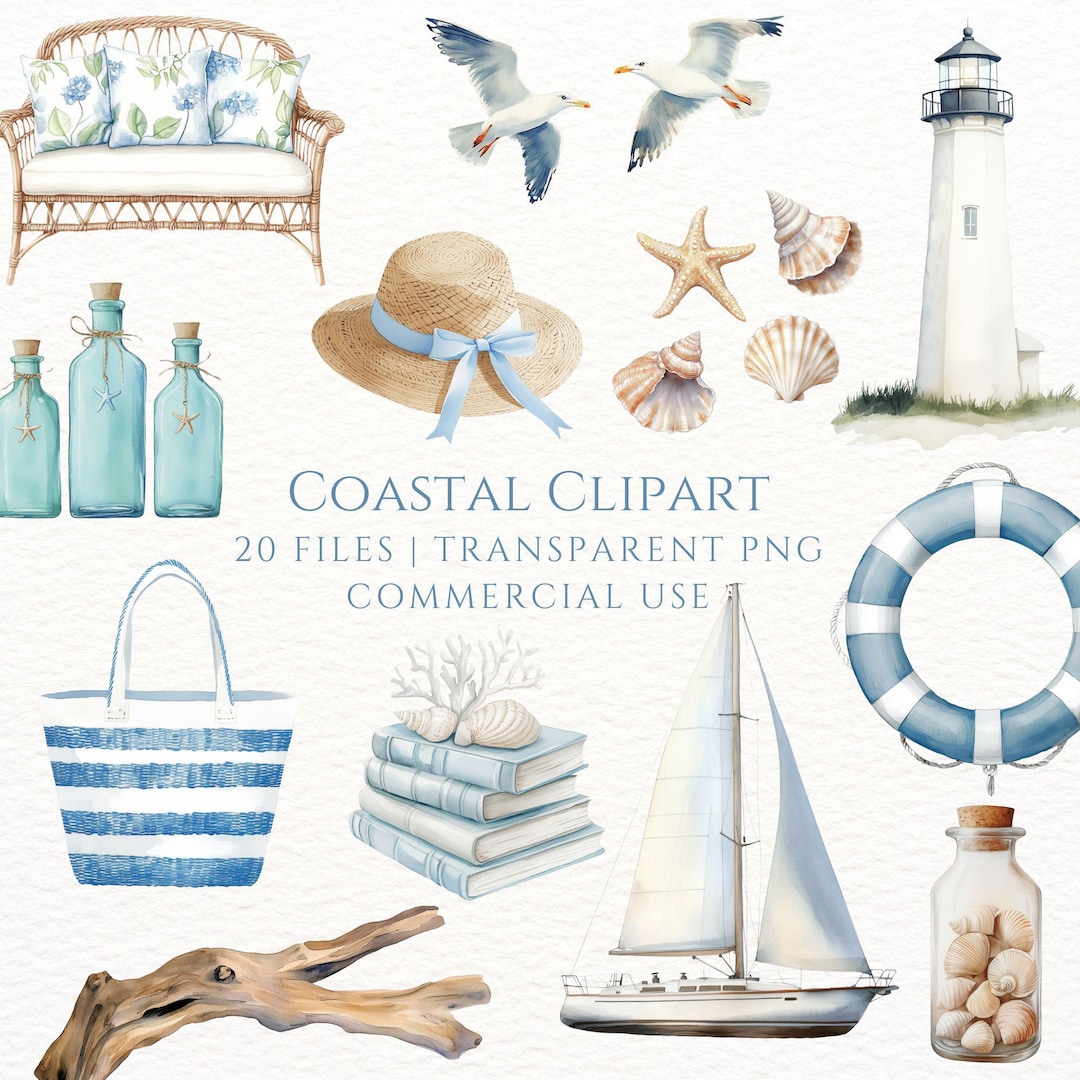 Watercolor Summer Clipart, Beach PNG, Coastal Vacation, Blue Digital ...
