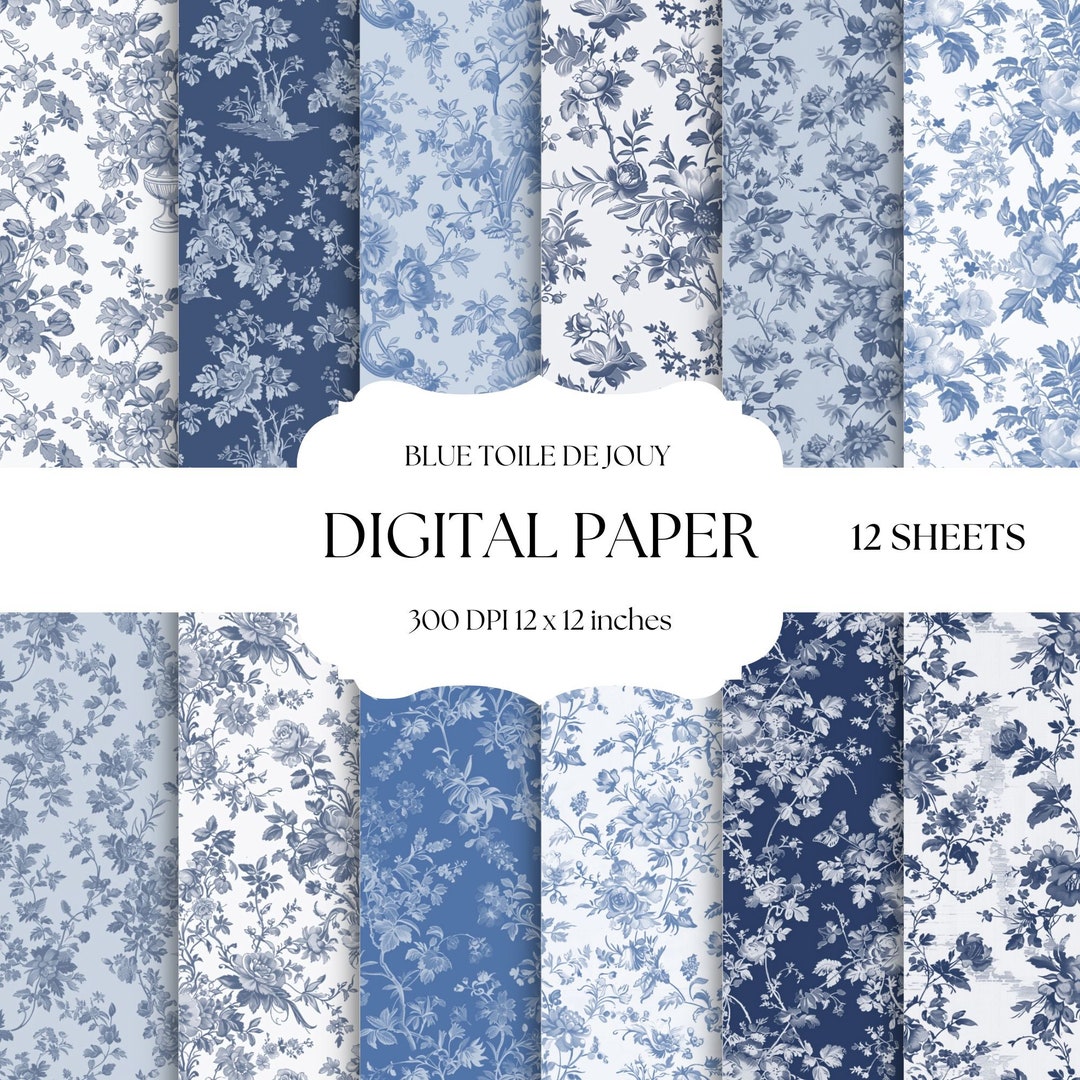 Blue Toile Digital Paper for Scrapbooking & Crafts, Vintage Floral ...