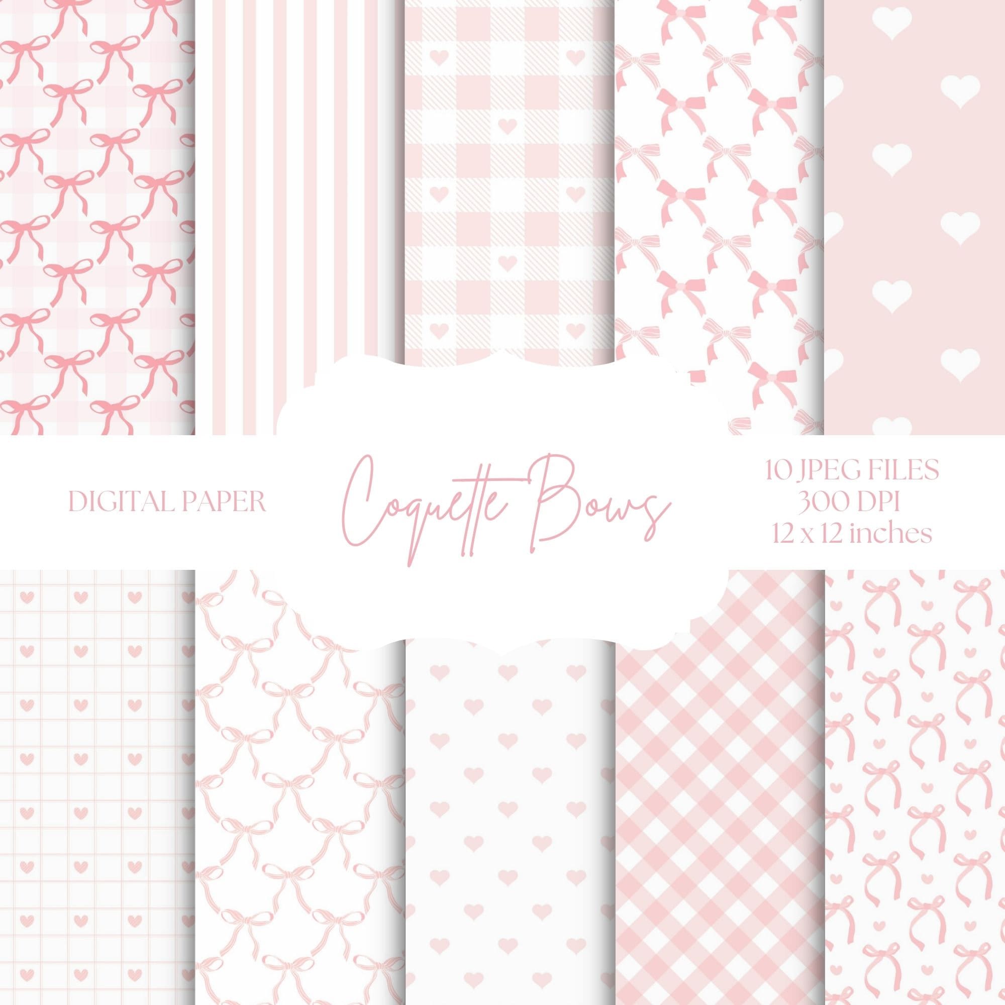 Pink Bow Digital Paper, Coquette Backgrounds, Heart Patterns, Pink and ...