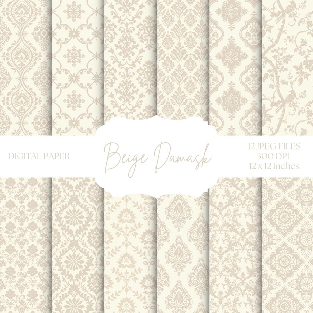 Beige Damask Digital Paper, Neutral Backgrounds, Vintage Damask ...
