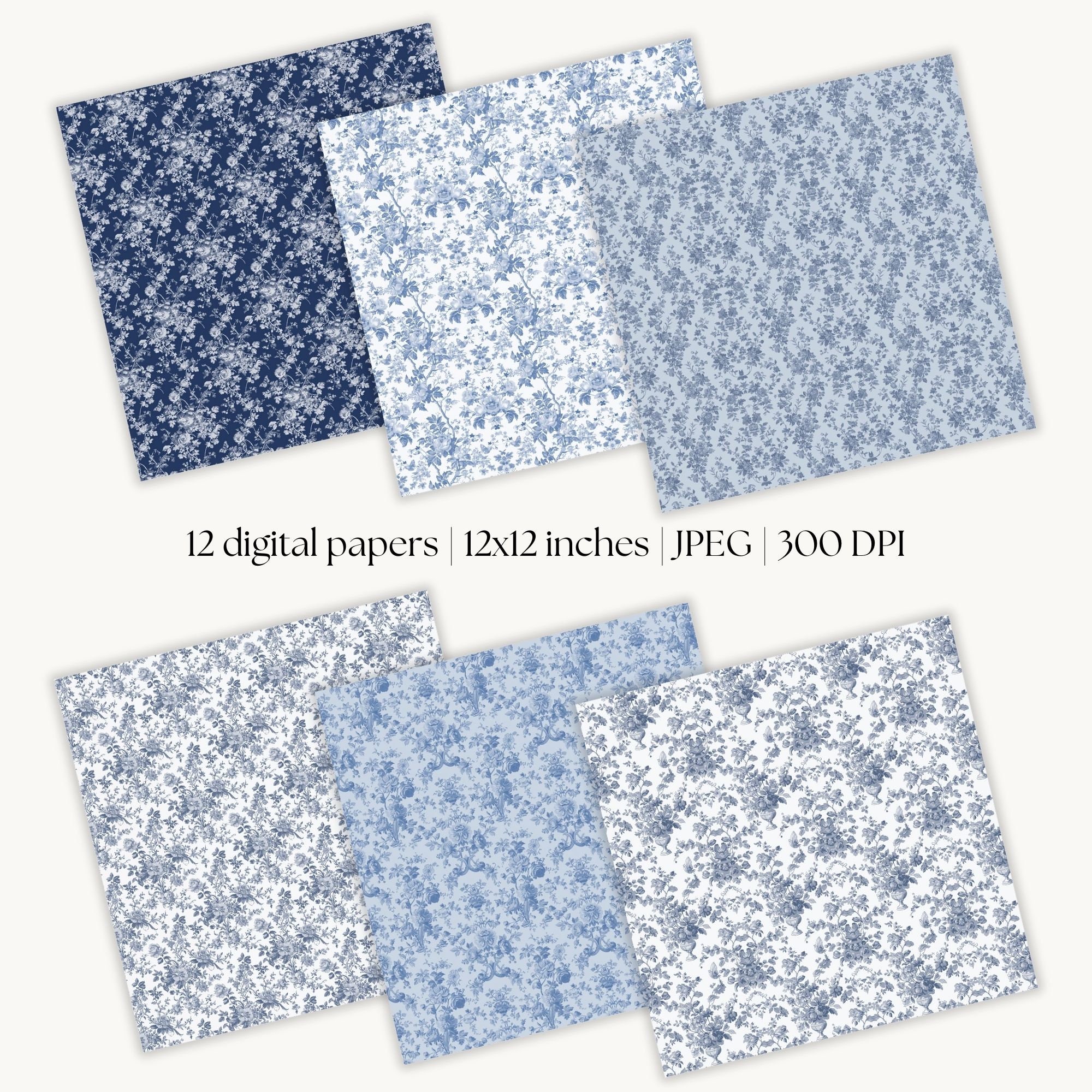 Blue Toile Digital Paper for Scrapbooking & Crafts, Vintage Floral ...