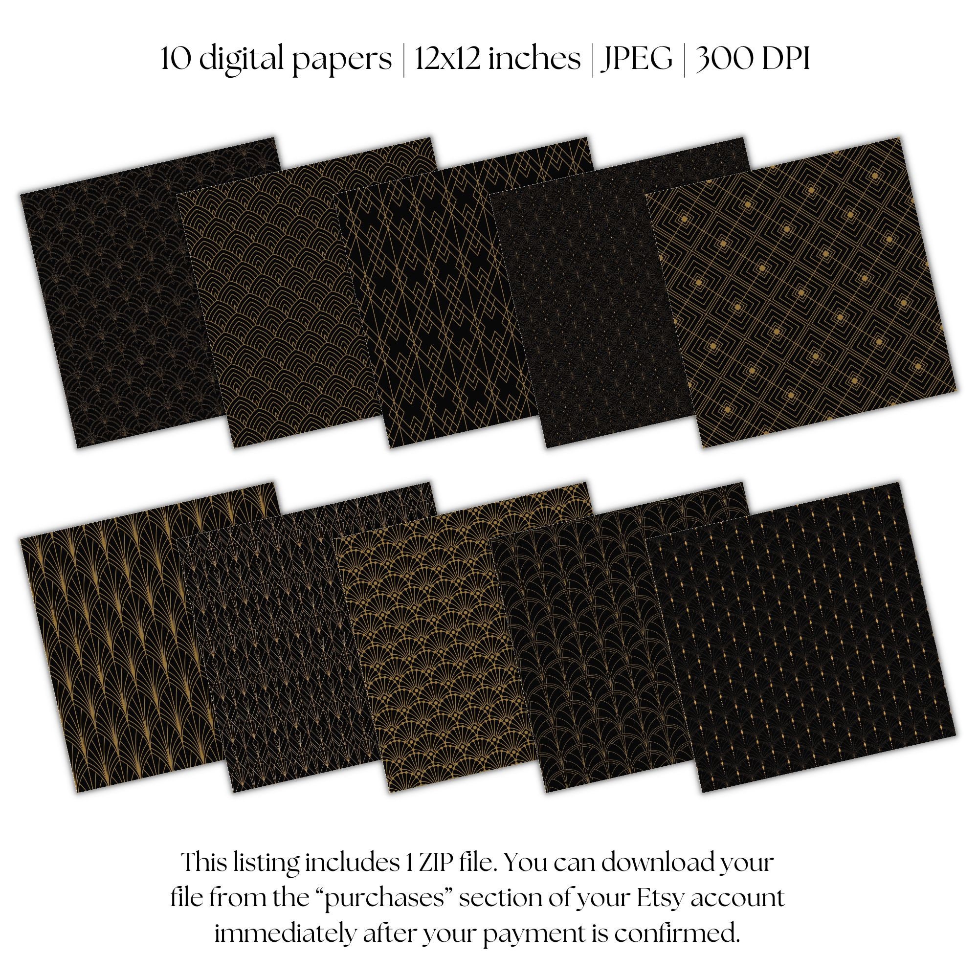 Black and Gold Art Deco Digital Paper, Geometric Backgrounds, Seamless ...