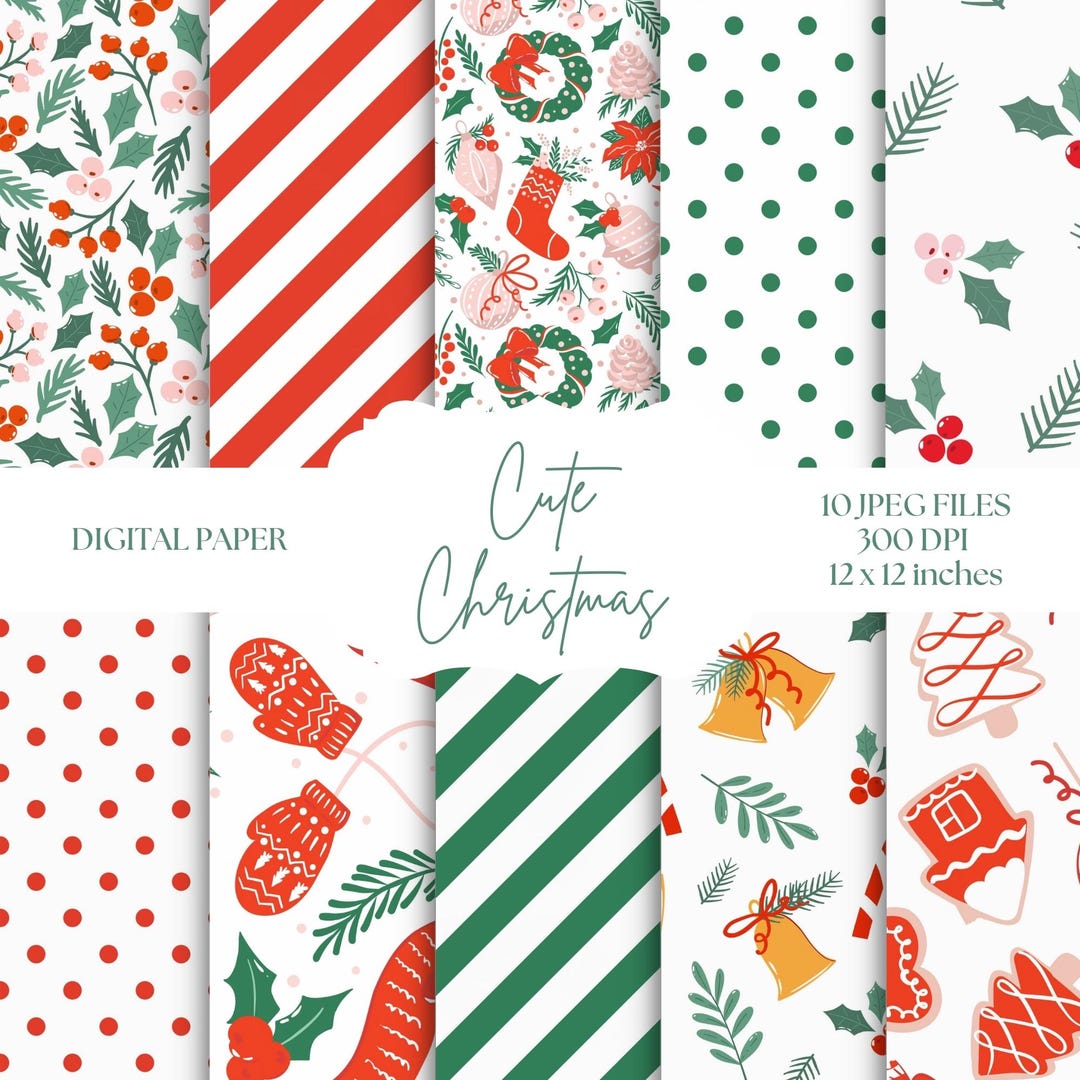 Cute Christmas Digital Paper, Red Green Pink Christmas Backgrounds ...