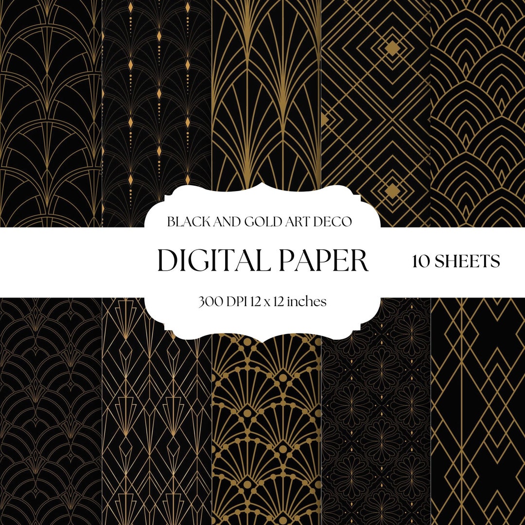Black and Gold Art Deco Digital Paper, Geometric Backgrounds, Seamless ...