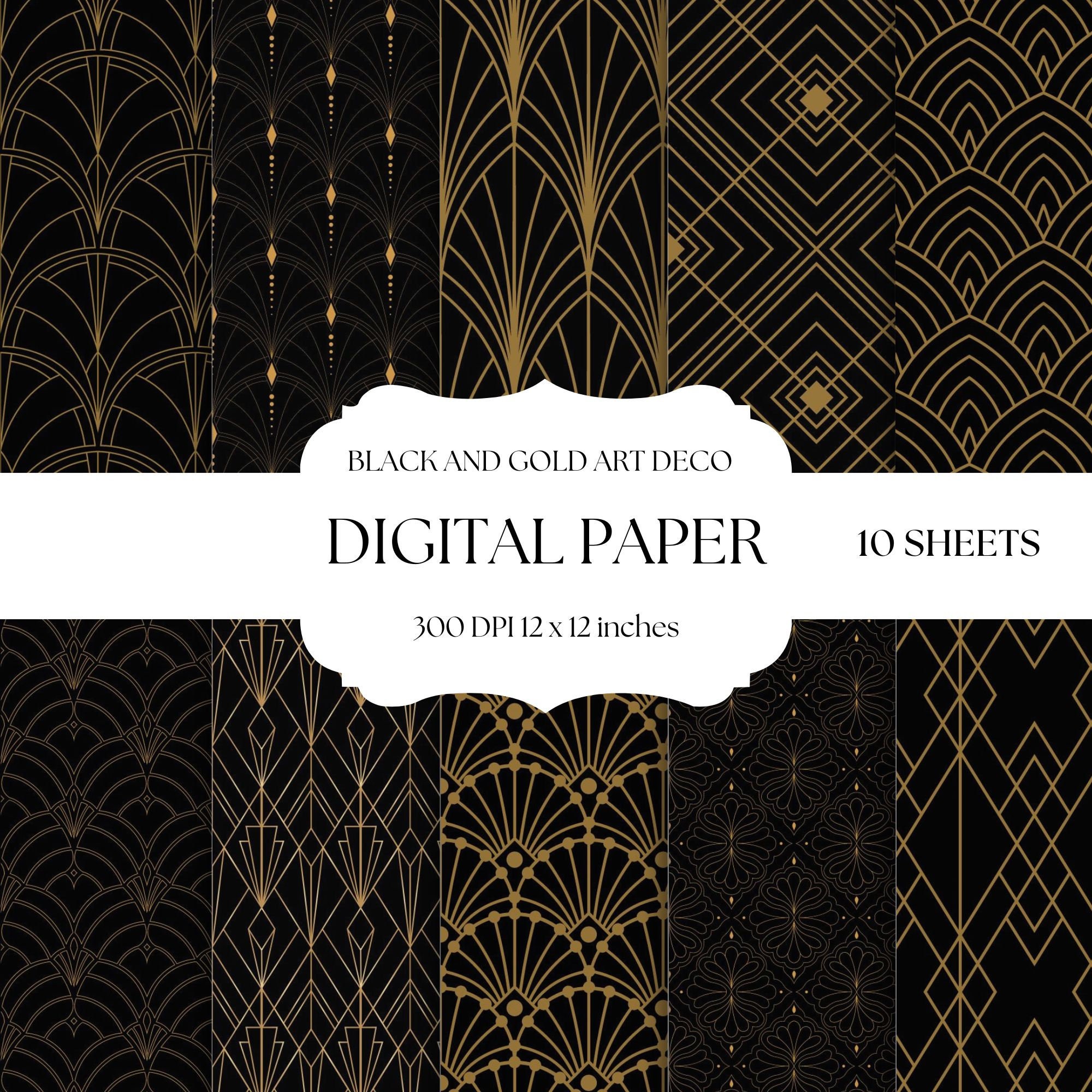Black and Gold Art Deco Digital Paper, Geometric Backgrounds, Seamless ...