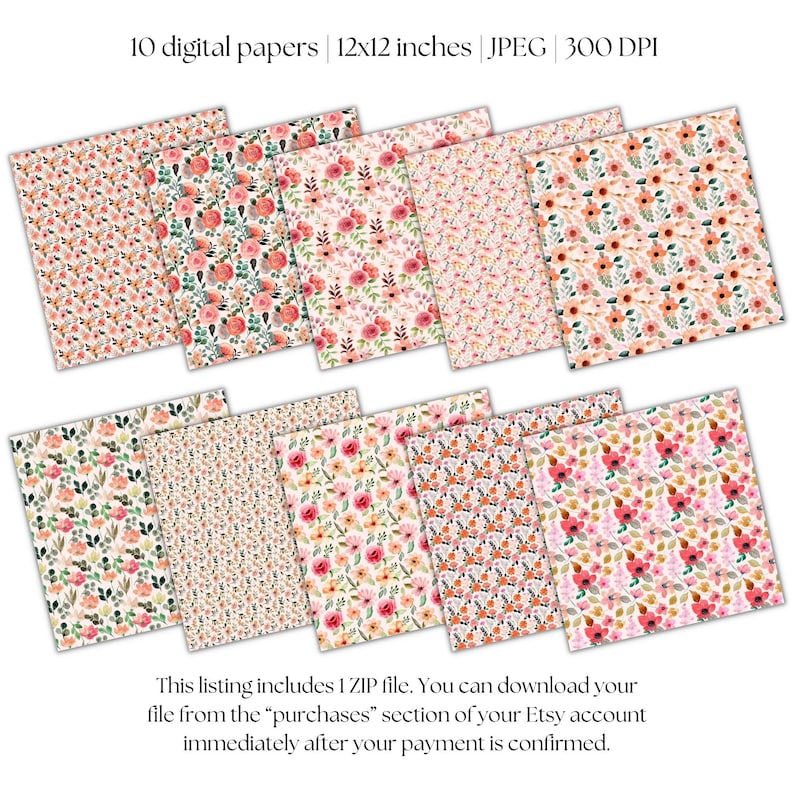 Peach and Coral Digital Paper, Watercolor Floral Backgrounds, Flower ...