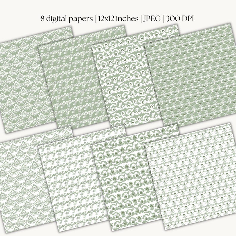 Sage Green Digital Paper, Block Print Patterns, Floral Scrapbook Paper ...