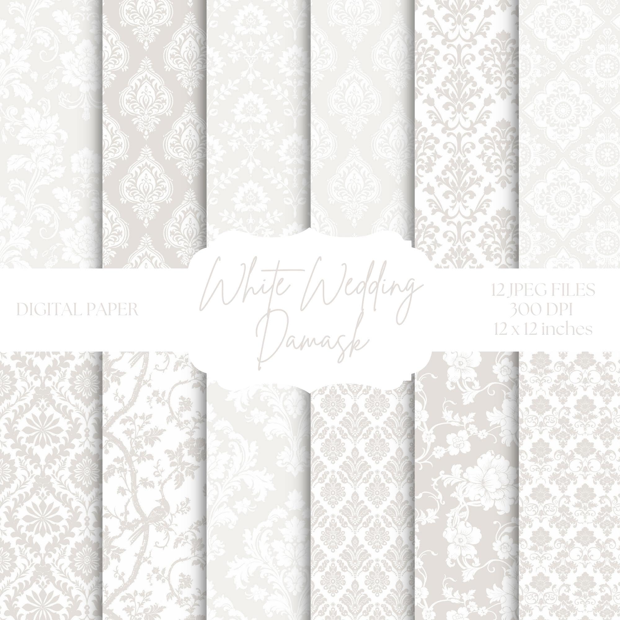 White Damask Digital Paper, Neutral Backgrounds, Seamless Patterns ...
