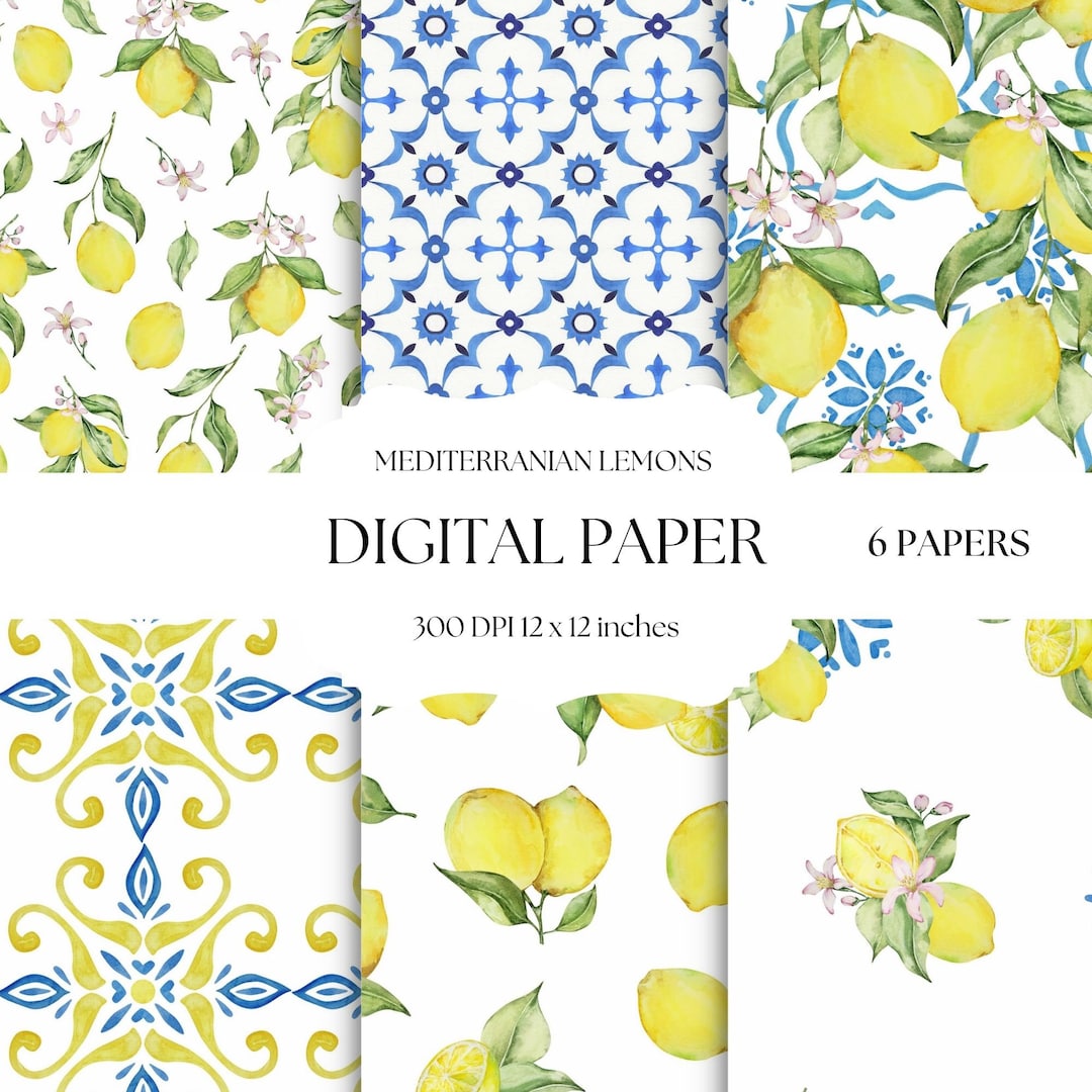 Yellow Lemon Digital Paper, Blue Tile Digital Paper, Mediterranean ...