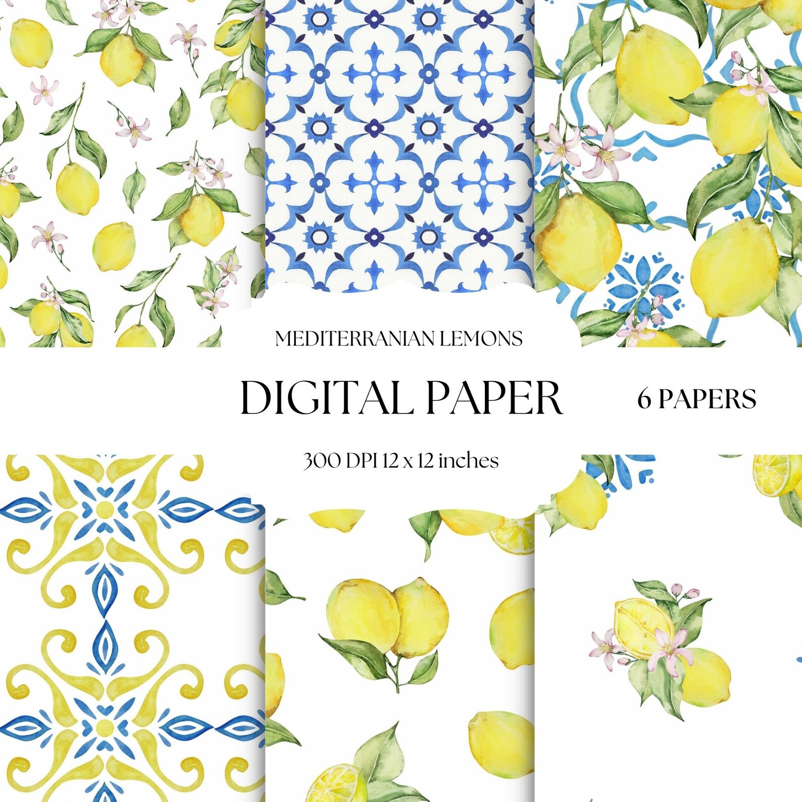 Yellow Lemon Digital Paper, Blue Tile Digital Paper, Mediterranean ...