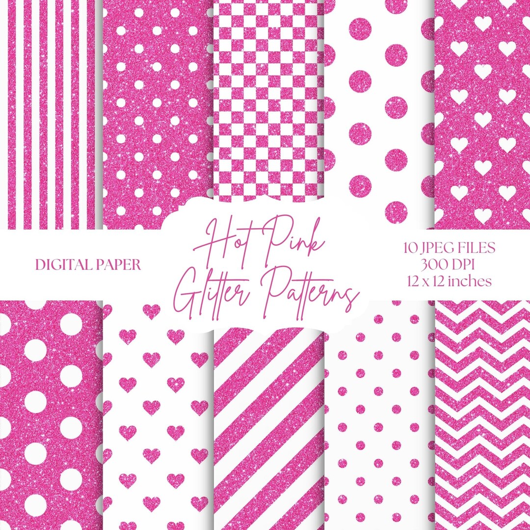 Hot Pink Glitter Digital Paper, Pink & White Backgrounds, Sparkly Paper ...