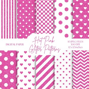 Hot Pink Glitter Digital Paper, Pink & White Backgrounds, Sparkly Paper ...