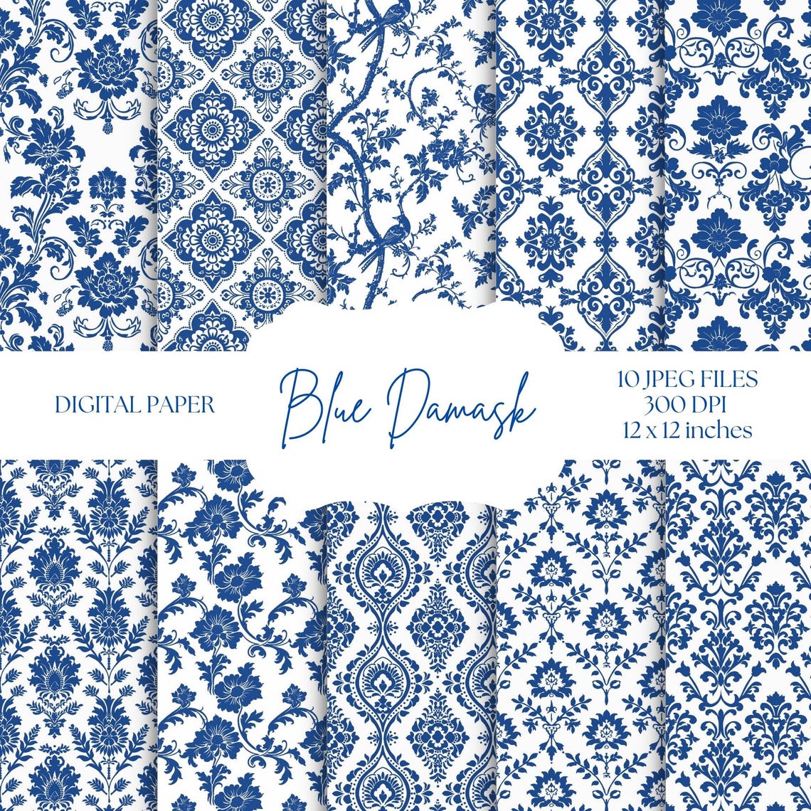 Blue Damask Digital Paper, Blue and White Backgrounds, Seamless ...