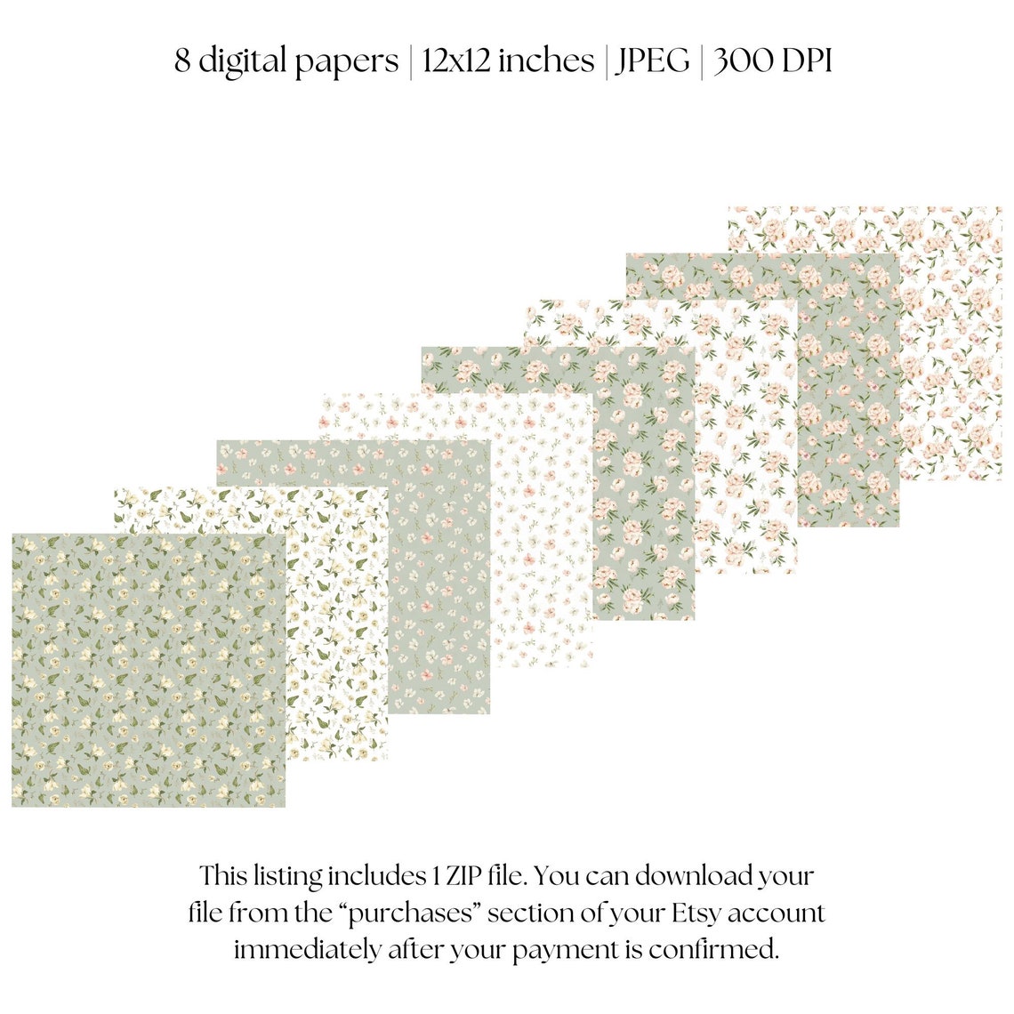 Shabby Chic Floral Digital Paper, Green and White Flower Patterns, Sage ...