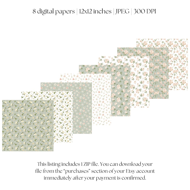 Shabby Chic Floral Digital Paper, Green and White Flower Patterns, Sage ...