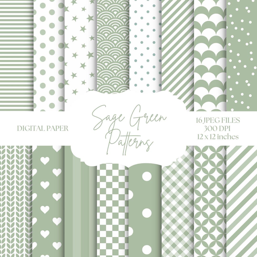 Sage Green Digital Paper, Seamless Backgrounds, Green and White ...