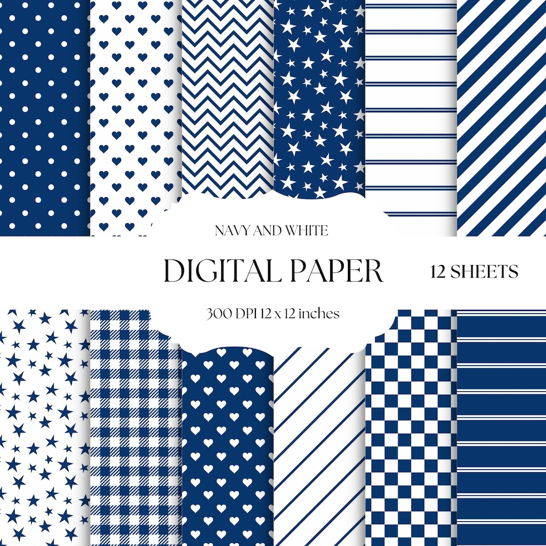 Blue Digital Paper, Navy Blue and White Seamless Patterns, Blue ...