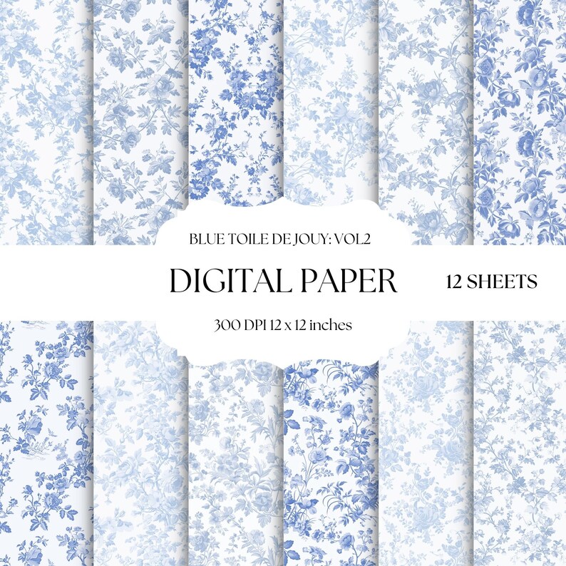 Blue Toile De Jouy Digital Paper, Vintage Floral Patterns, Blue and ...