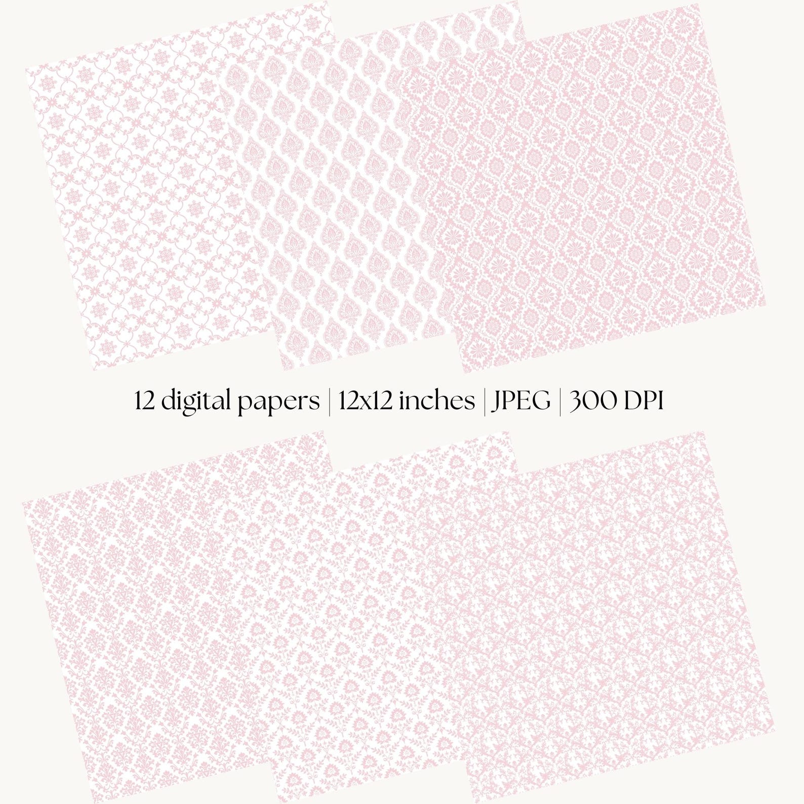 Pink Damask Digital Paper, Light Pink and White Backgrounds, Vintage ...