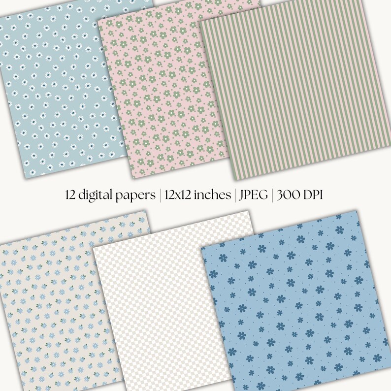 Grandmillennial Digital Paper, Seamless Floral Patterns, Blue ...